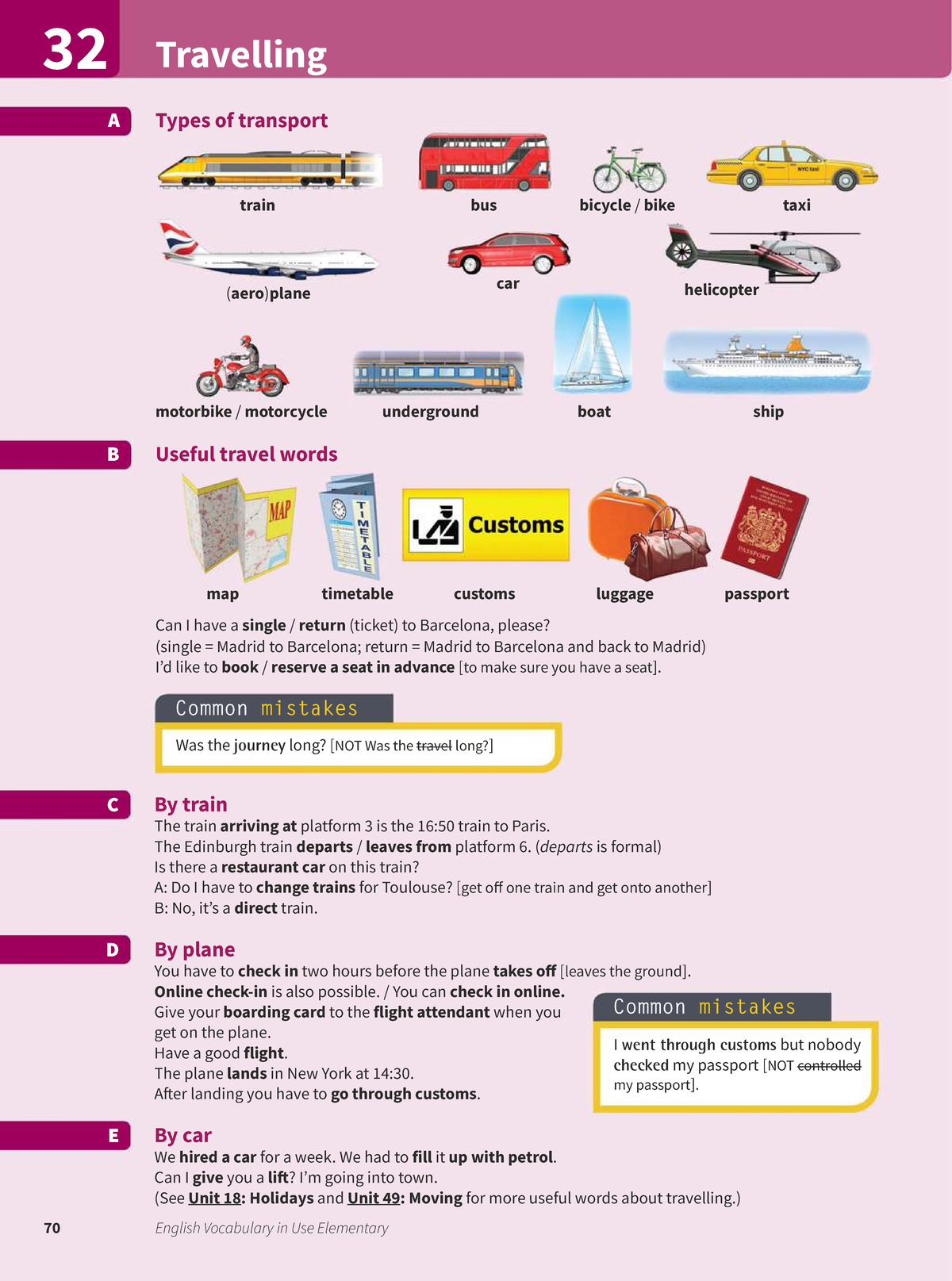 English Vocabulary in Use Elementary: Travel & Transport Notes (Unit 32 ...