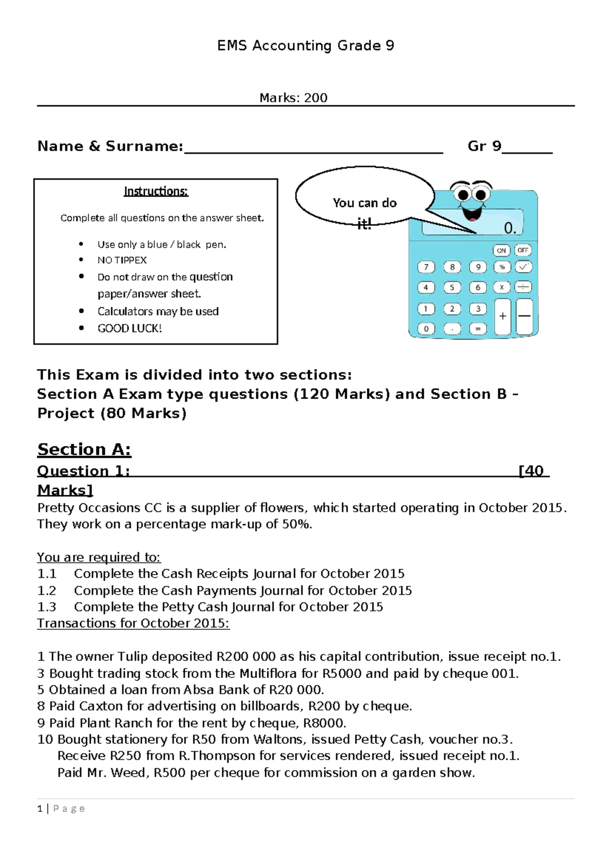 Grade 9 Accounting 2015 June Exam: Complete Your Journals and Equations ...