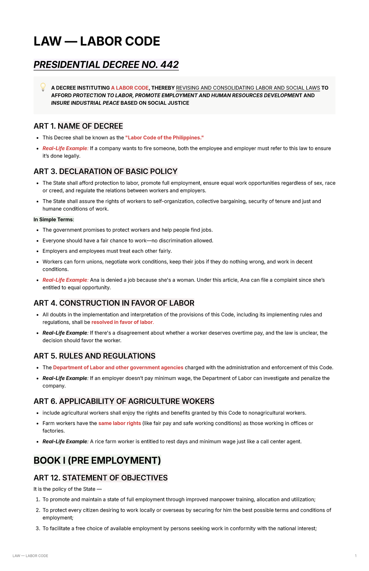 LAW LABOR CODE: Presidential Decree No. 442 Overview and Key Provisions ...