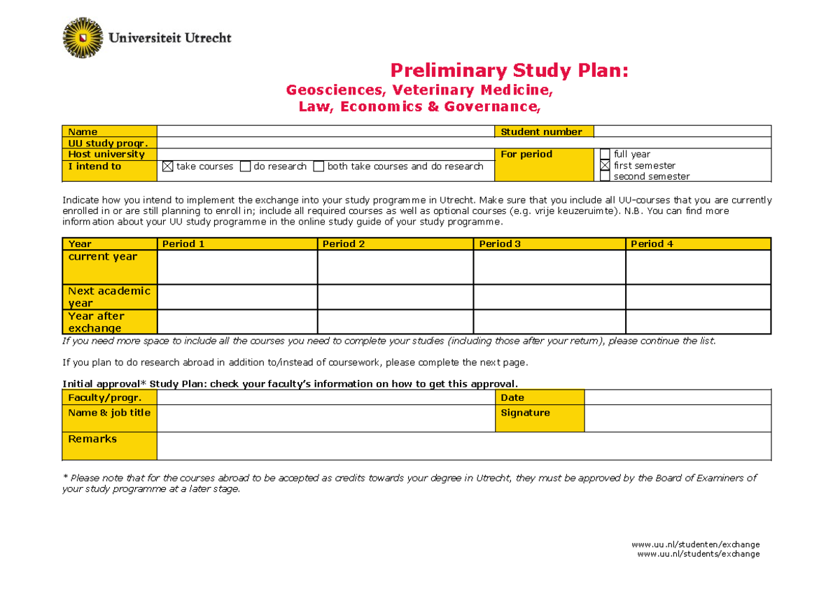 UU Study Plan for Exchange: Geosciences, Vet Med, Law, and Econ ...