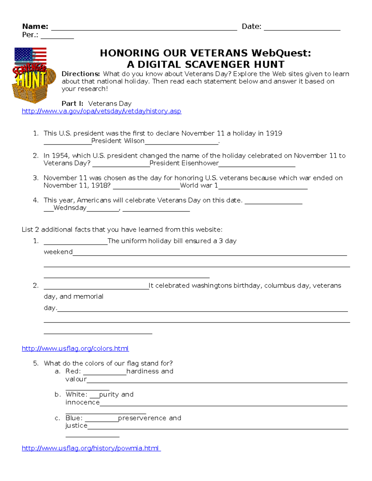 19-20 Digital Scavenger Hunt: Honoring Our Veterans WebQuest - Studocu