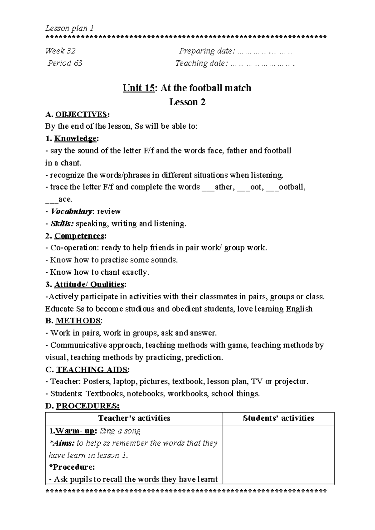 E1 WEEK 32 Lesson Plan: Unit 15 - At the Football Match - Studocu