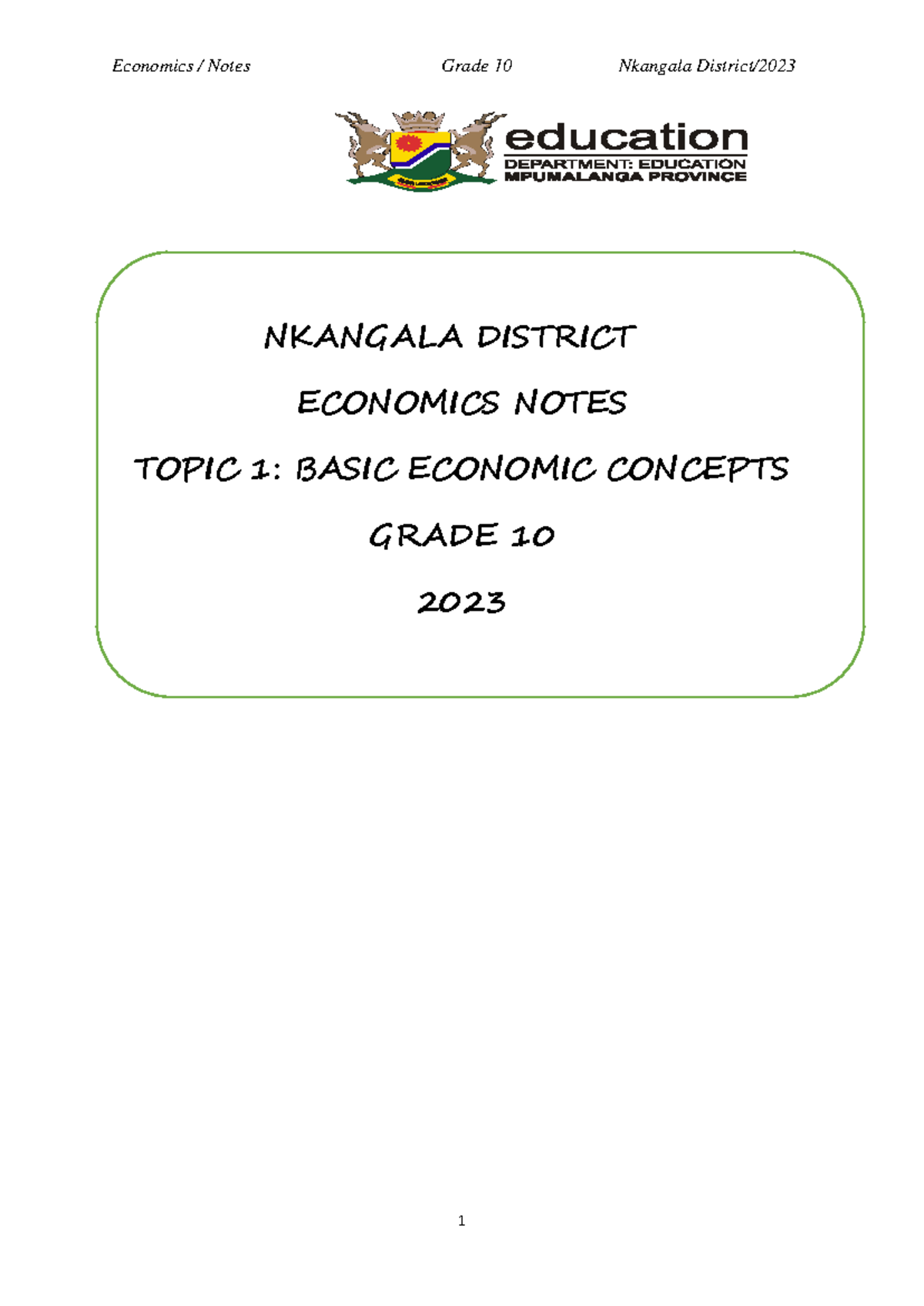 Grade 10 Economics Topic 1: Basic Economic Concepts Notes - Studocu
