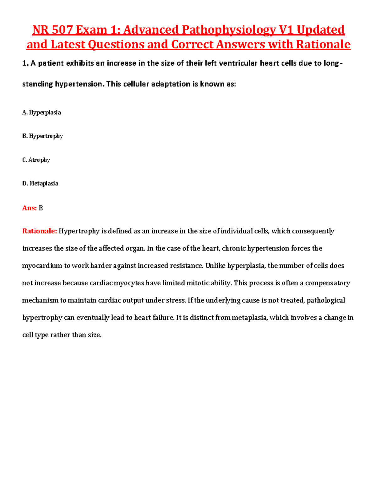 NR 507 Exam 1: Advanced Pathophysiology Questions & Answers - Studocu