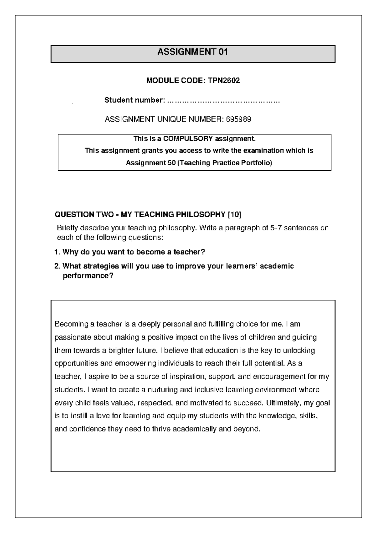 TPN2602 Assignment 1: My Teaching Philosophy & Strategies - Studocu