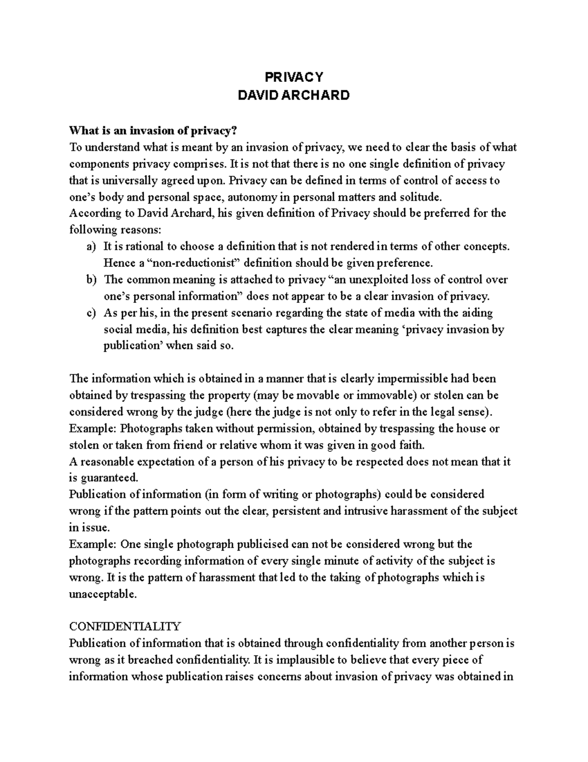 Privacy - PRIVACY DAVID ARCHARD What is an invasion of privacy? To ...