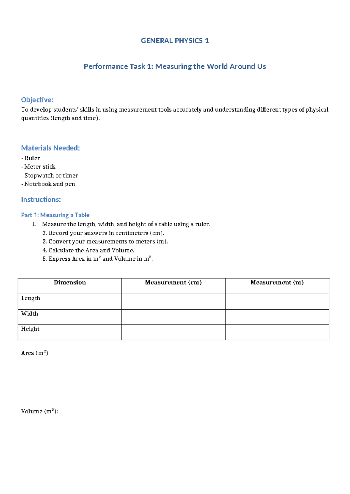 GENERAL PHYSICS 1 Performance Task 1: Accurate Measurement Techniques ...