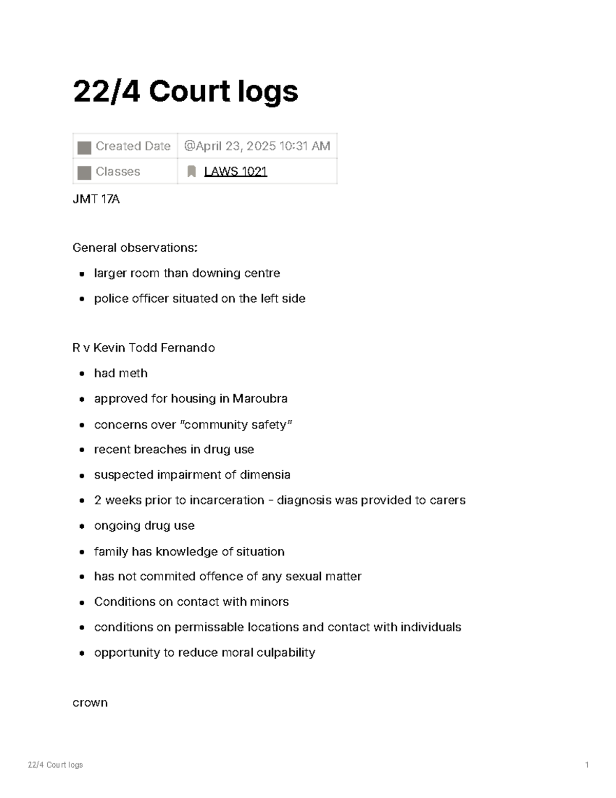 LAWS 1021 Court Logs: Observations and Case Summaries - Studocu