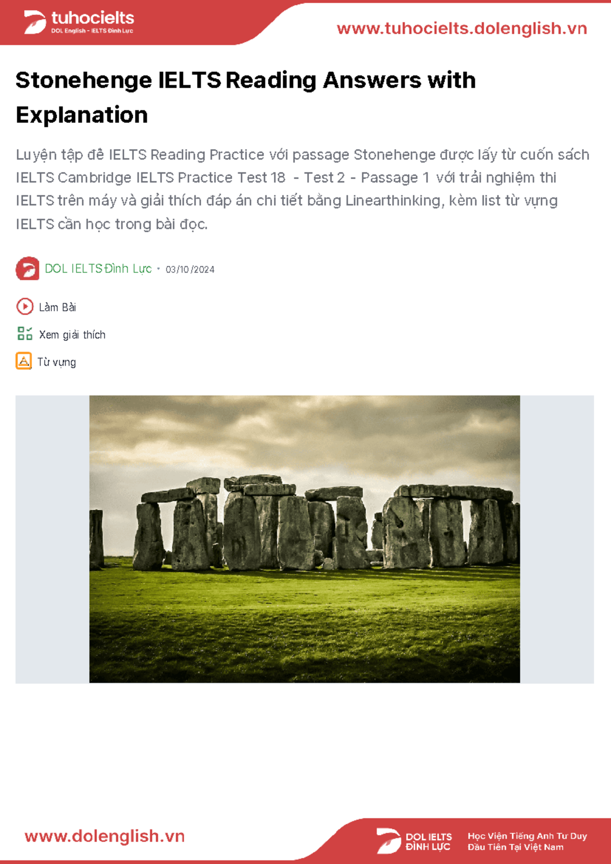 Stonehenge IELTS Reading Answers & Explanations - Practice Test 18 ...