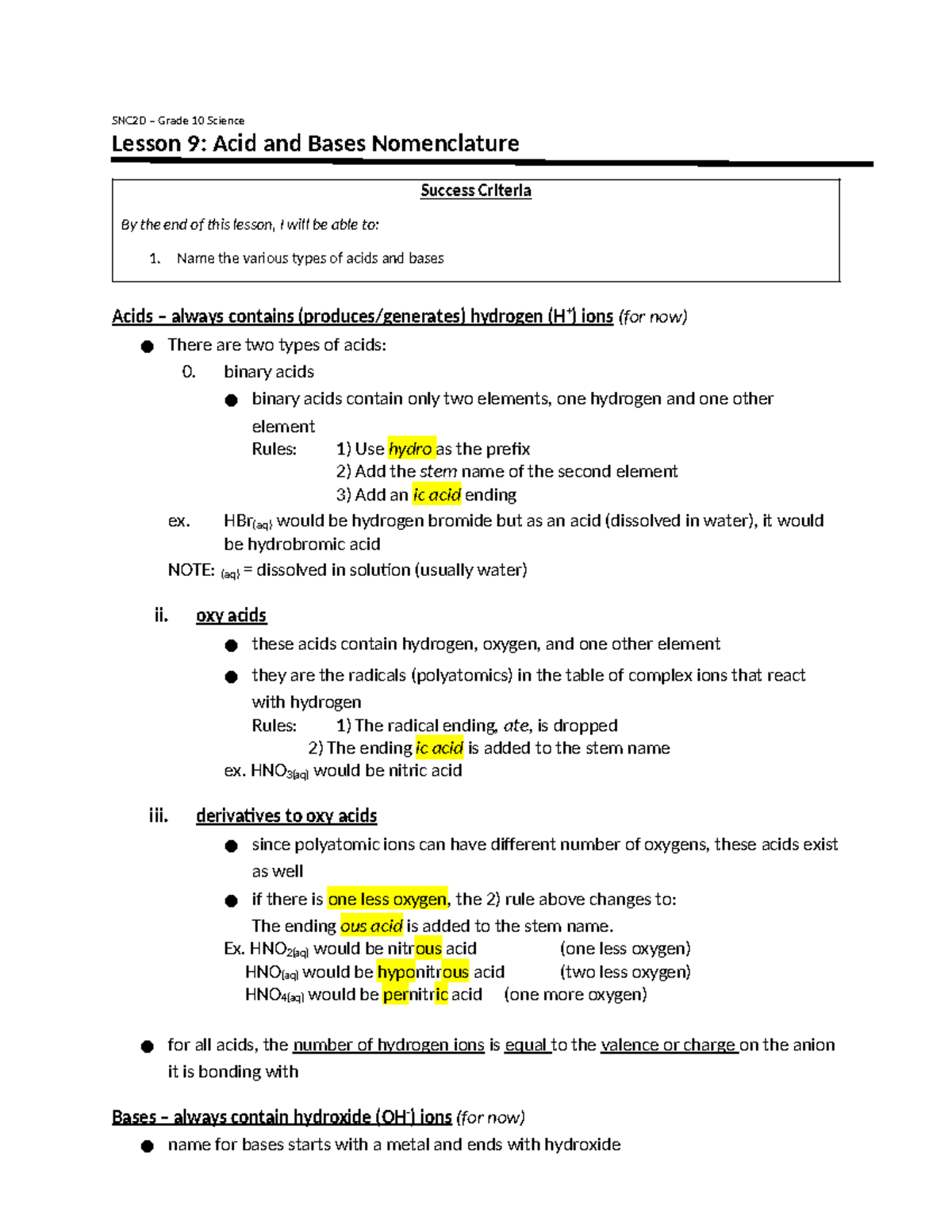 SNC2D Lesson 9: Naming Acids and Bases in Grade 10 Science - Studocu