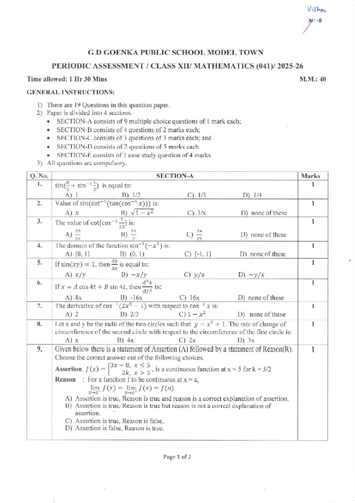 Math UT-2 Periodic Assessment - GD Goenka School - Class 25-26 - Studocu