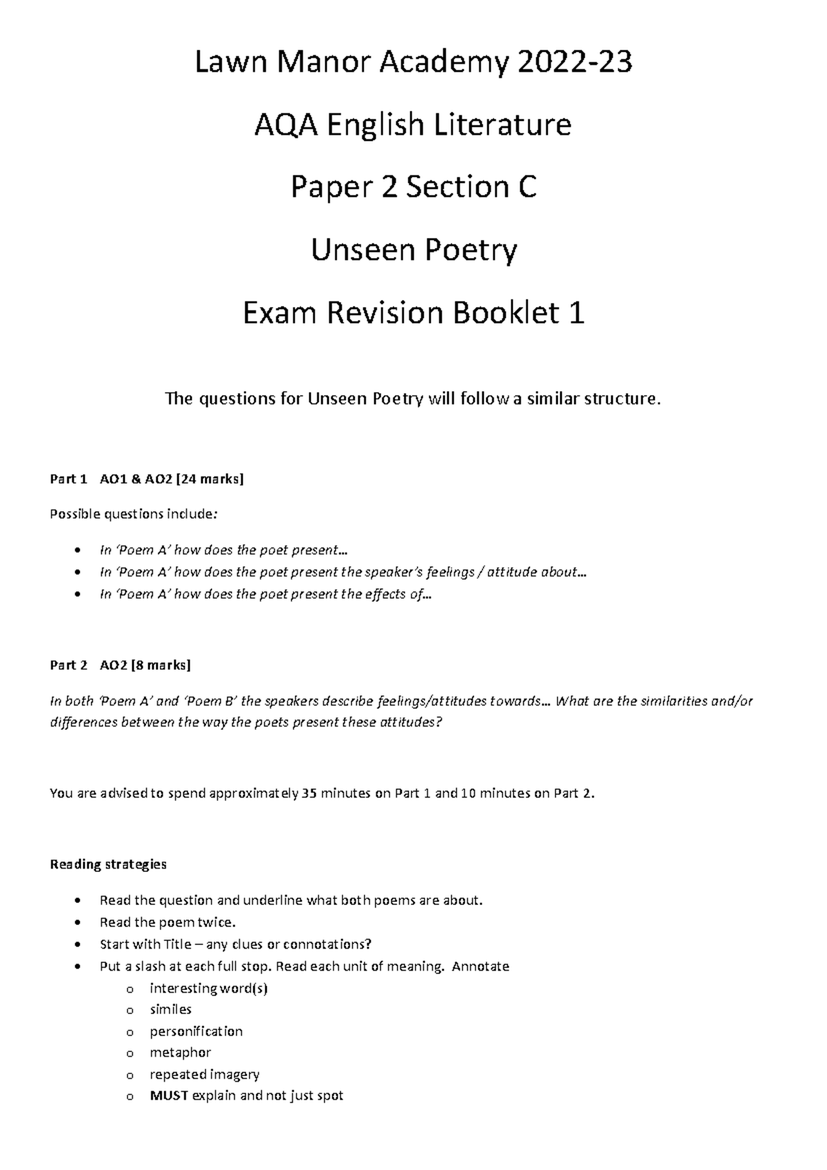 AQA English Literature Exam Revision: Unseen Poetry Booklet 2022-23 ...