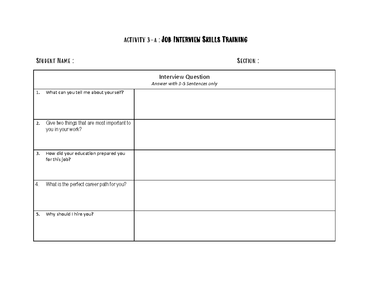 Activity 3: Job Interview Skills Training 518276176 Guide - Studocu