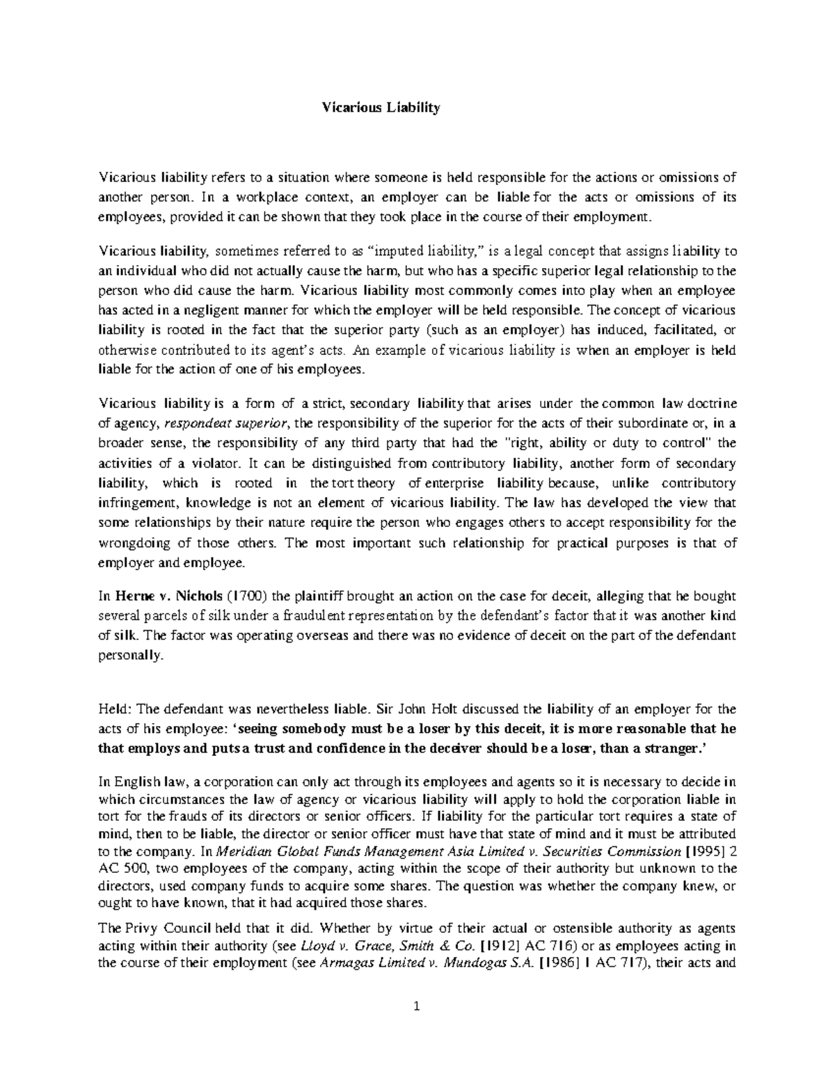 Vicarious Liability - Key Concepts & Case Studies - Lecture Notes - Studocu