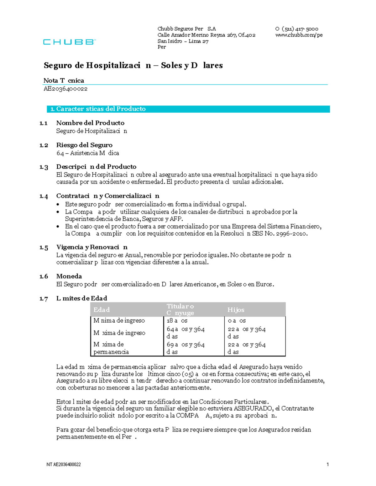 Nota Técnica del Seguro de Hospitalización - Chubb Seguros Perú S.A ...