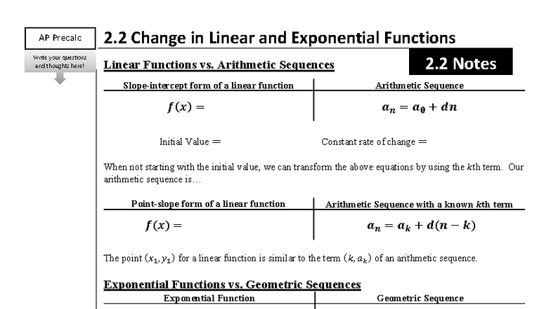 AP Precalc: 2.2 Notes on Linear & Exponential Functions - Studocu