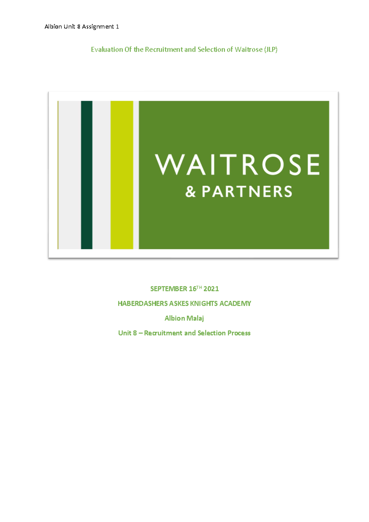 Evaluation of Recruitment & Selection at Waitrose (JLP) - Assignment 1 ...