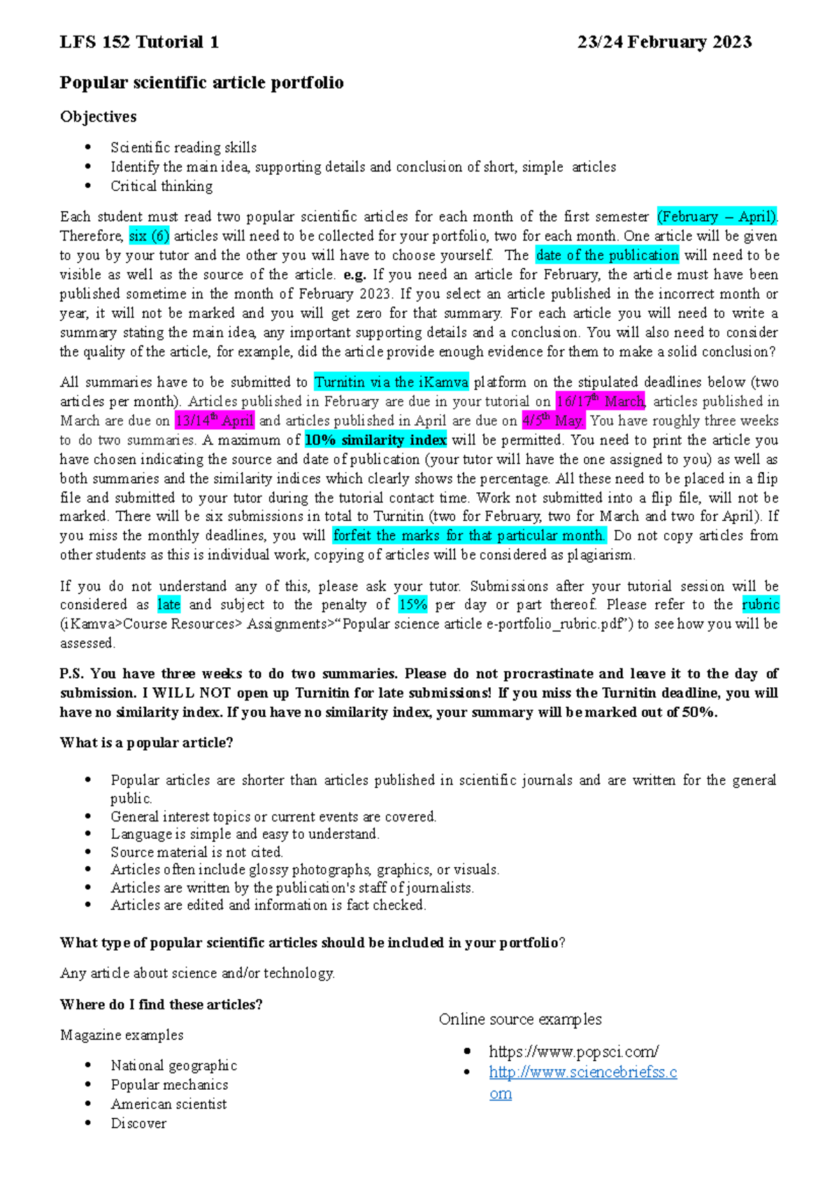 Tutorial 1 Popular article portfolio - LFS 152 Tutorial 1 23/24 ...