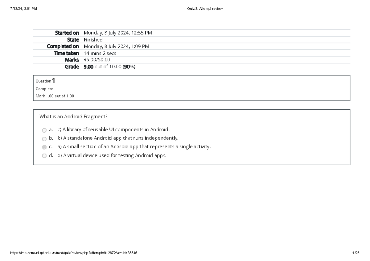 Quiz-3: Android Fragments Attempt Review and Results - Studocu