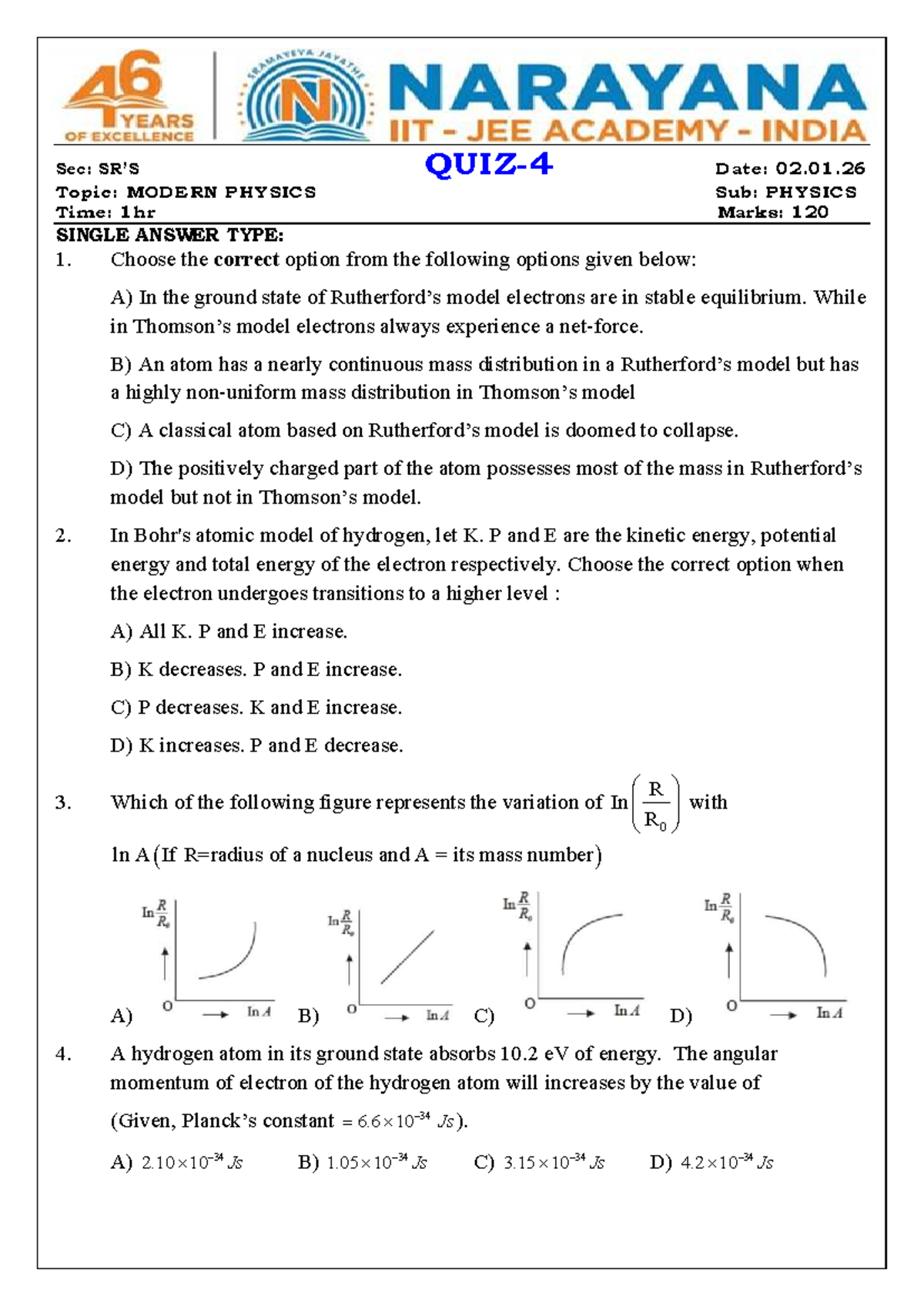 SR's Quiz-4: Modern Physics (PHYS 101) - 02.01.26 - Studocu