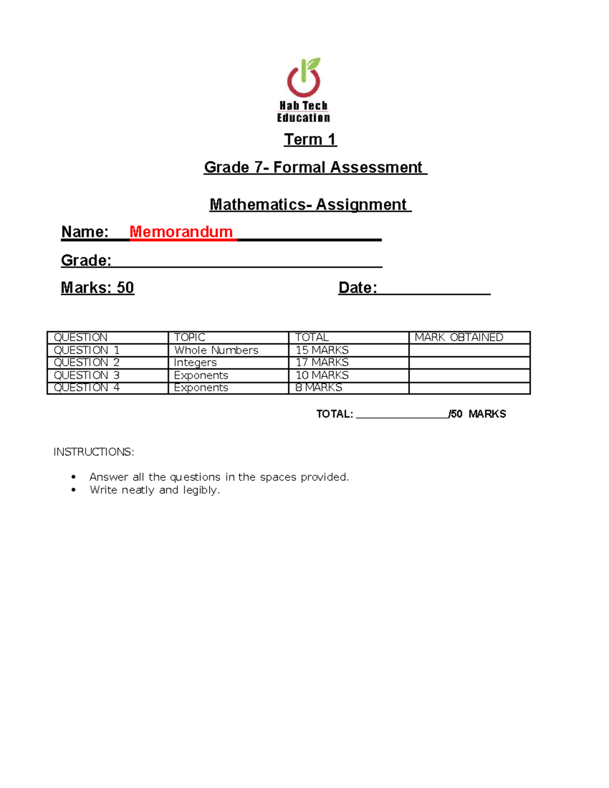 Grade 7 Mathematics Assignment Memorandum: Term 1 Assessment Guide - Studocu