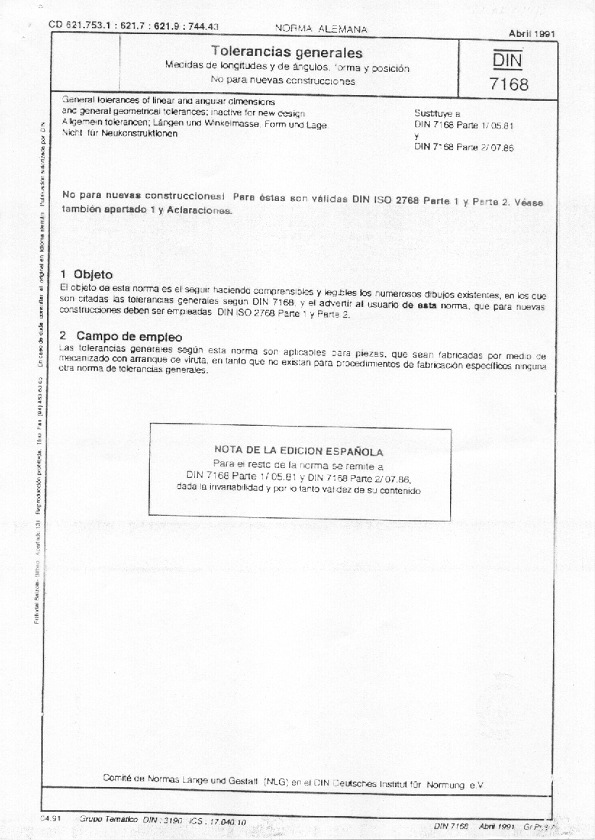 Din 7168 General Tolerances and Conversion Gate Guidelines - Studocu