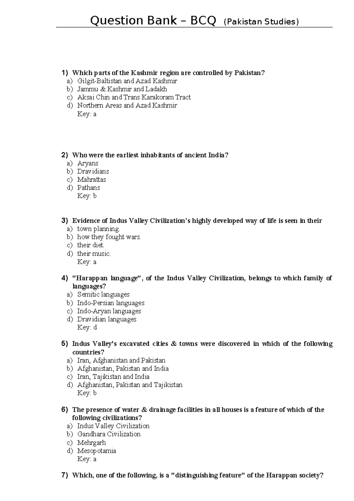Question Bank BCQ (Pakistan Studies) - Comprehensive Quiz Guide - Studocu