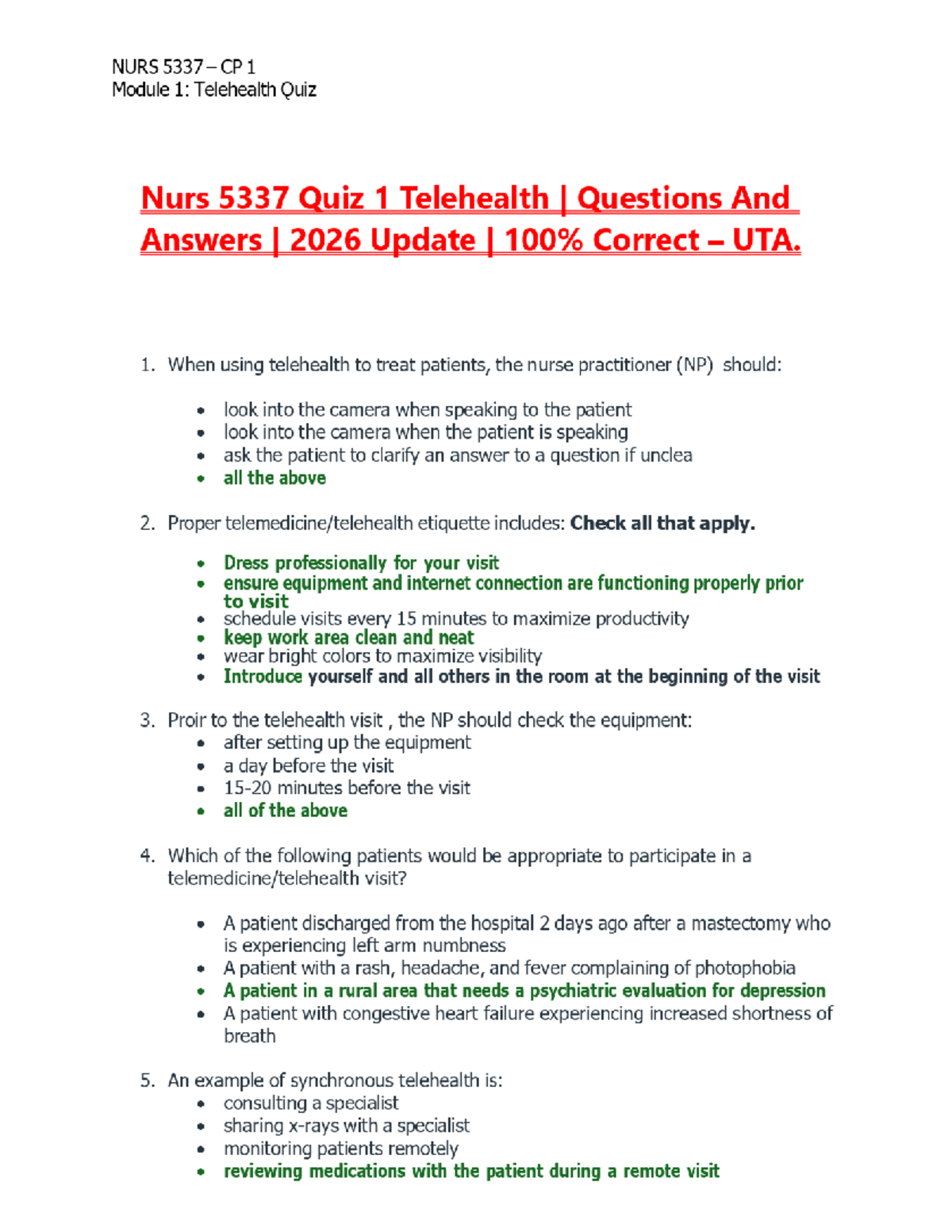 NURS 5337 Quiz 1: Telehealth Questions & Answers 2026 Update - Studocu