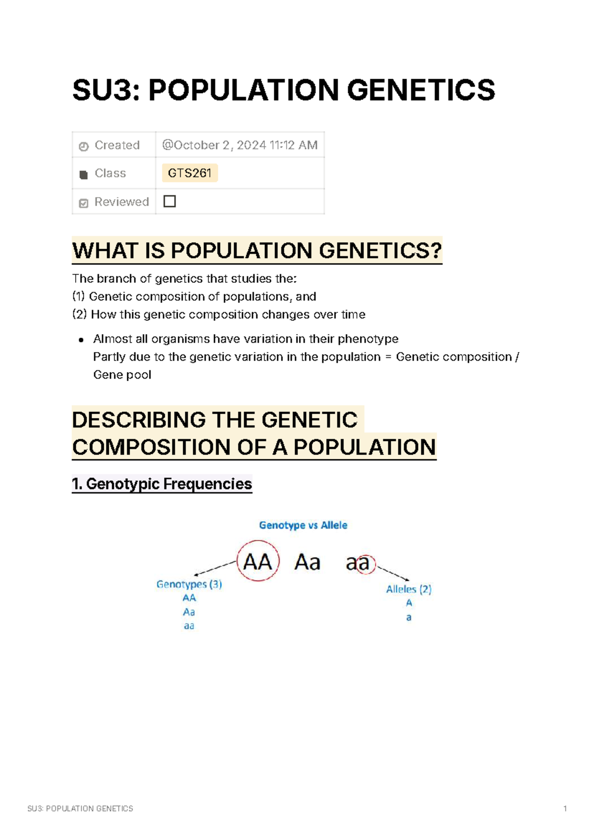 SU3: Population Genetics Lecture Notes and Key Concepts - Studocu