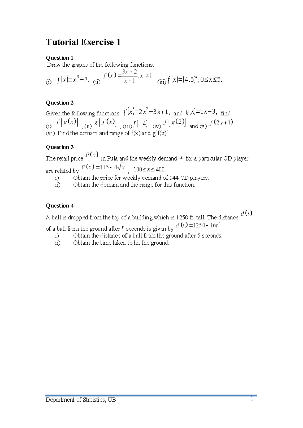 STA102 Tutorial 1 - Functions and limits - 1 Tutorial Exercise 1 ...
