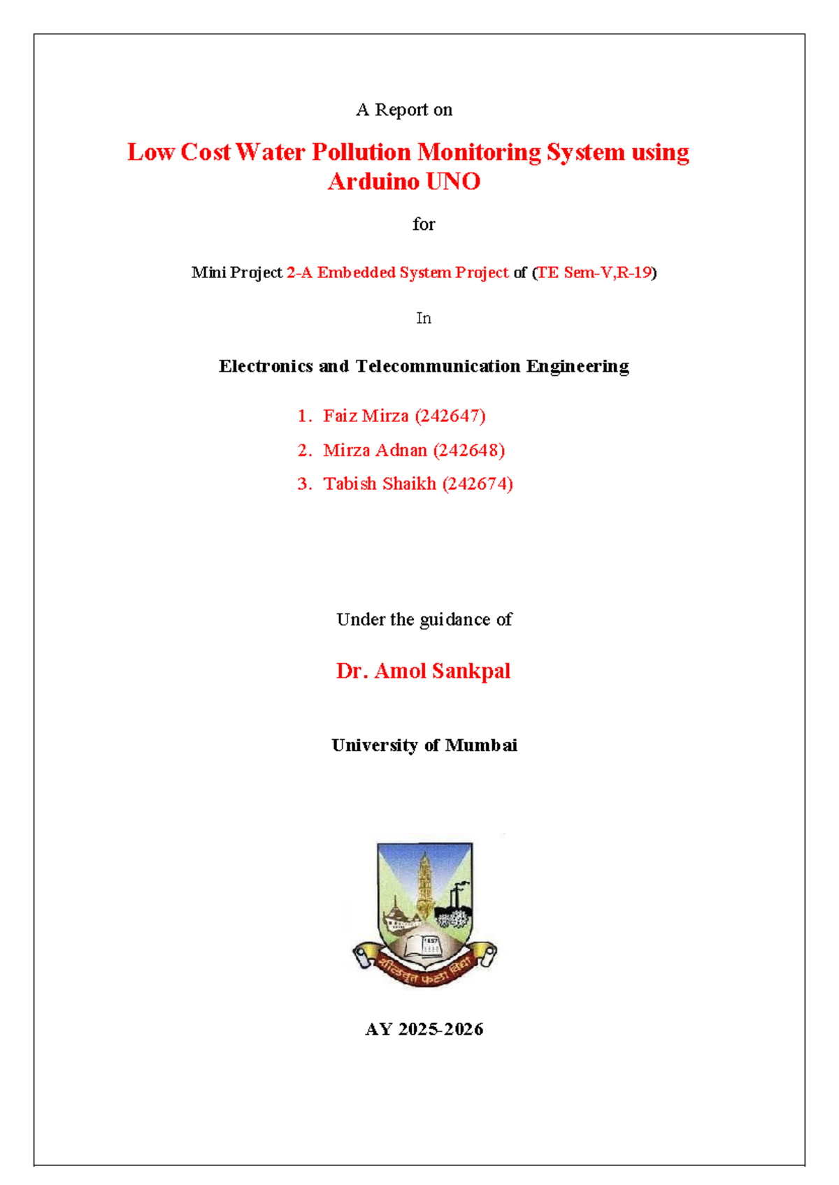 Mini Project Report: Low Cost Water Pollution Monitoring System (TE ...