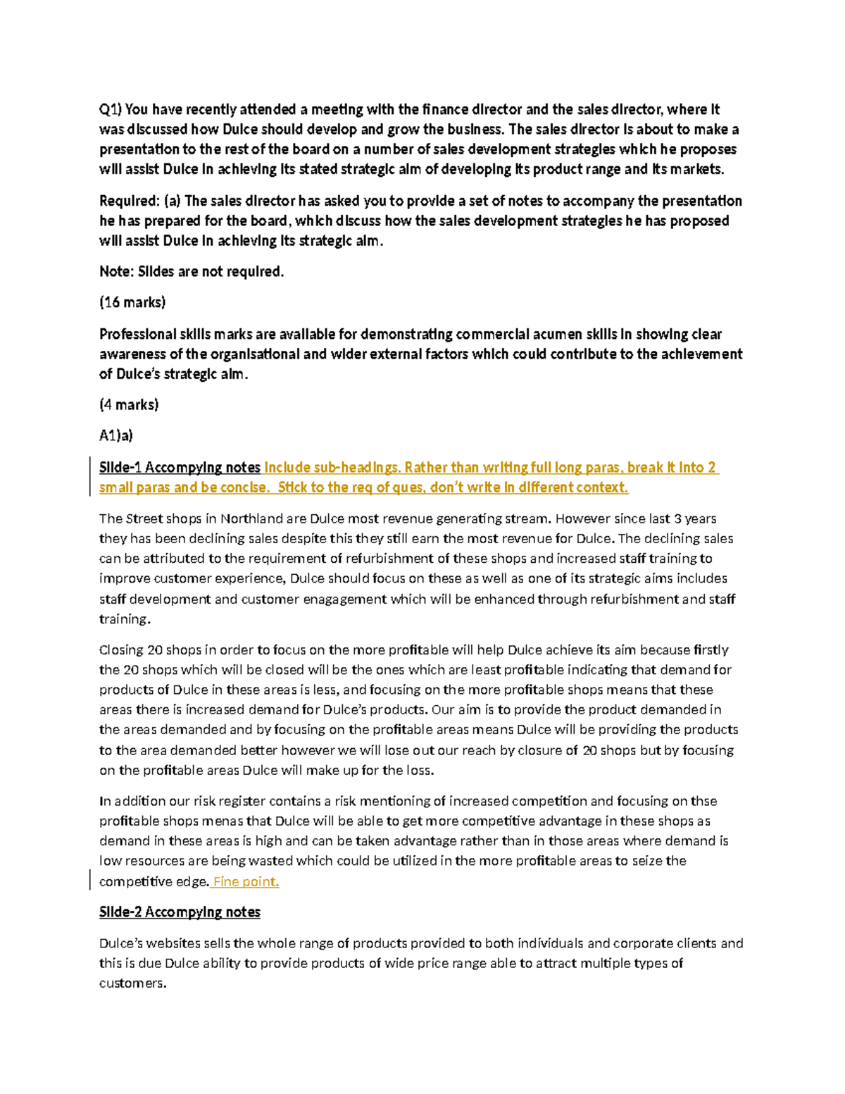 SBL Dulce - ACCA Case Study Notes and Analysis - Studocu