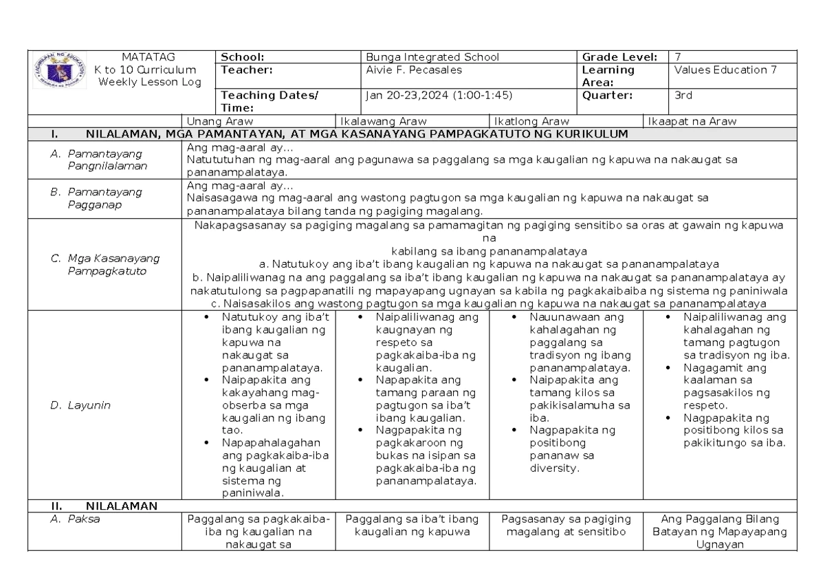 Values Education 7 WEEK 3 Lesson Plan - MATATAG DLL - Studocu