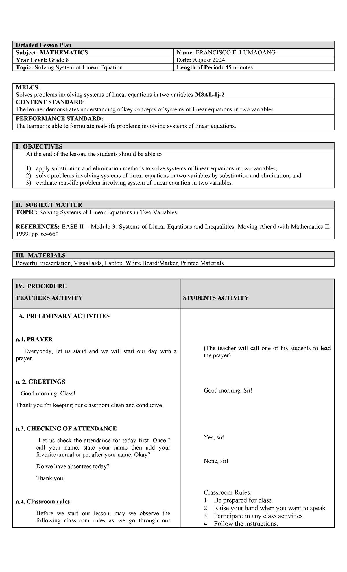 Detailed Lesson Plan on Solving Systems of Linear Equations (DLP11111 ...