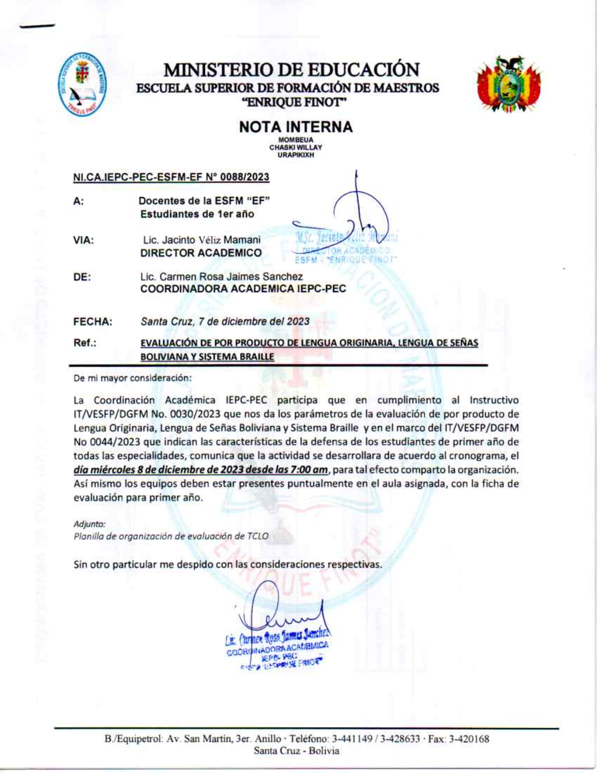 Cronograma de Evaluación de Lengua Originaria 1ER Año 2023 - Studocu