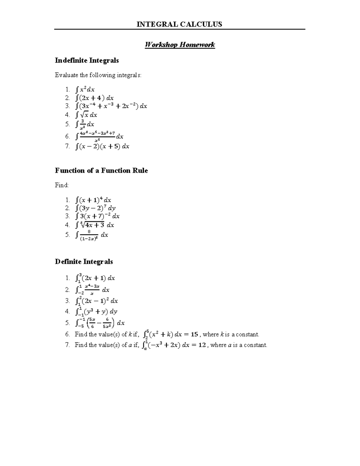 Integral Calculus Workshop Homework: Indefinite & Definite Integrals ...