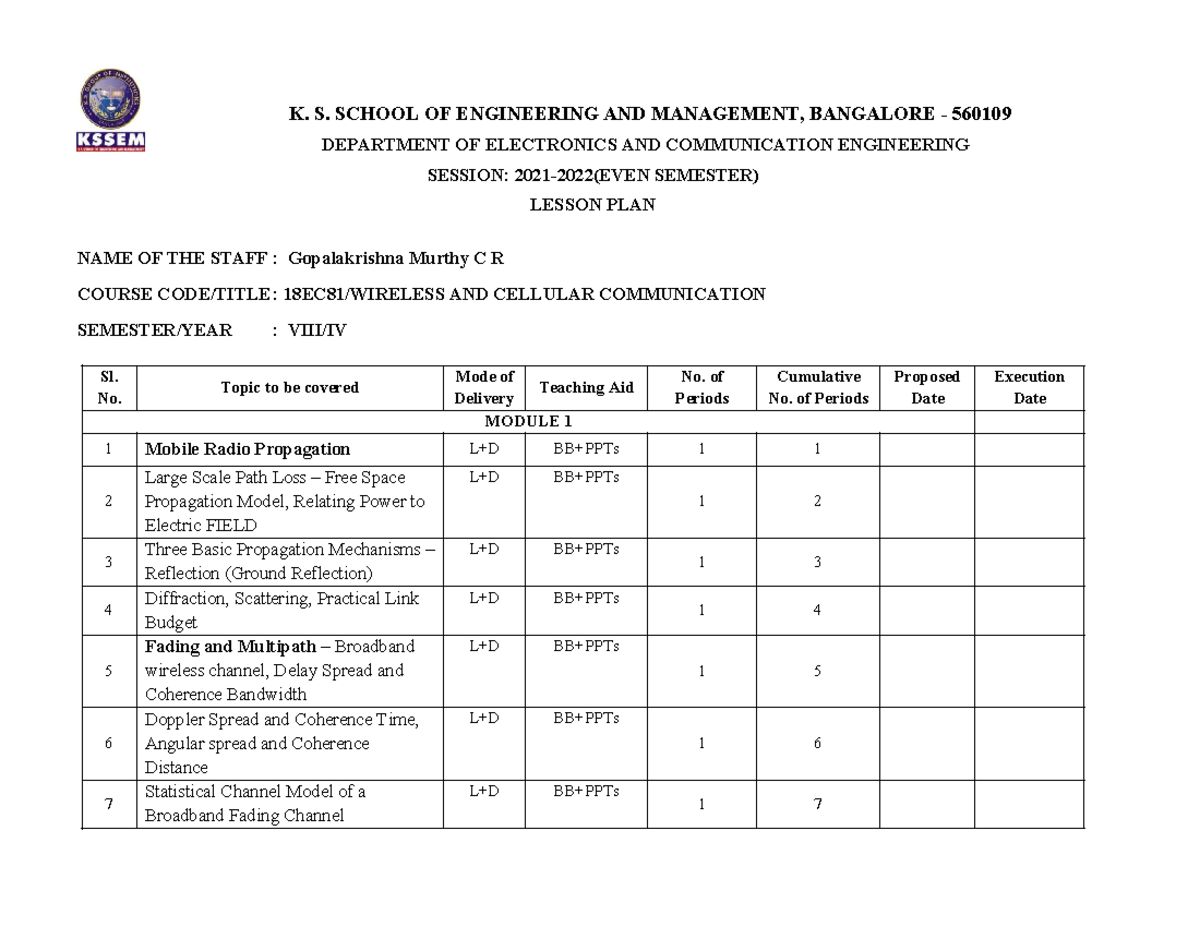 18EC81 Wireless & Cellular Communication Lesson Plan for IV Semester ...