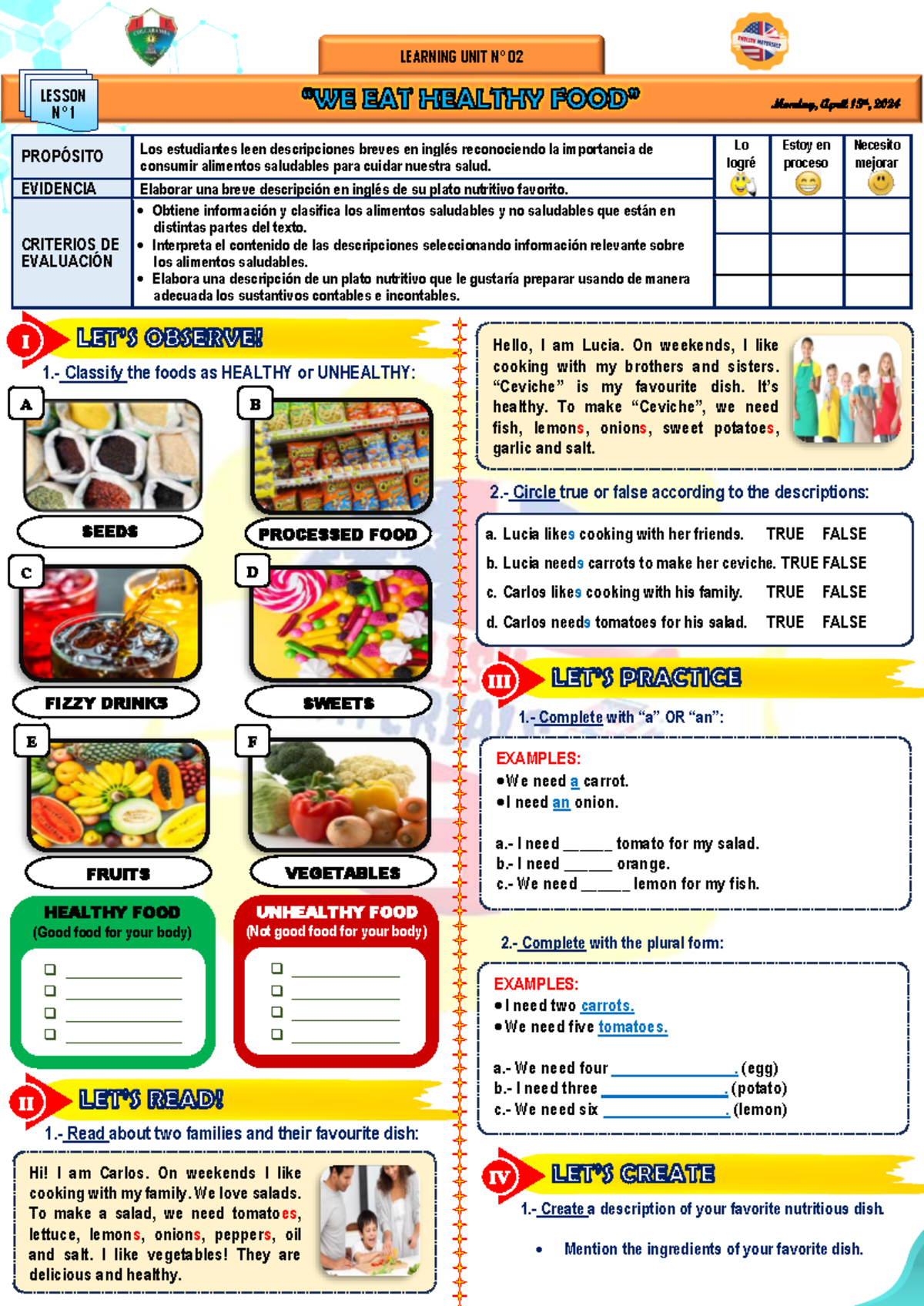 Unit 2 Lesson 1: Healthy vs Unhealthy Foods Activities (Week 01) - Studocu