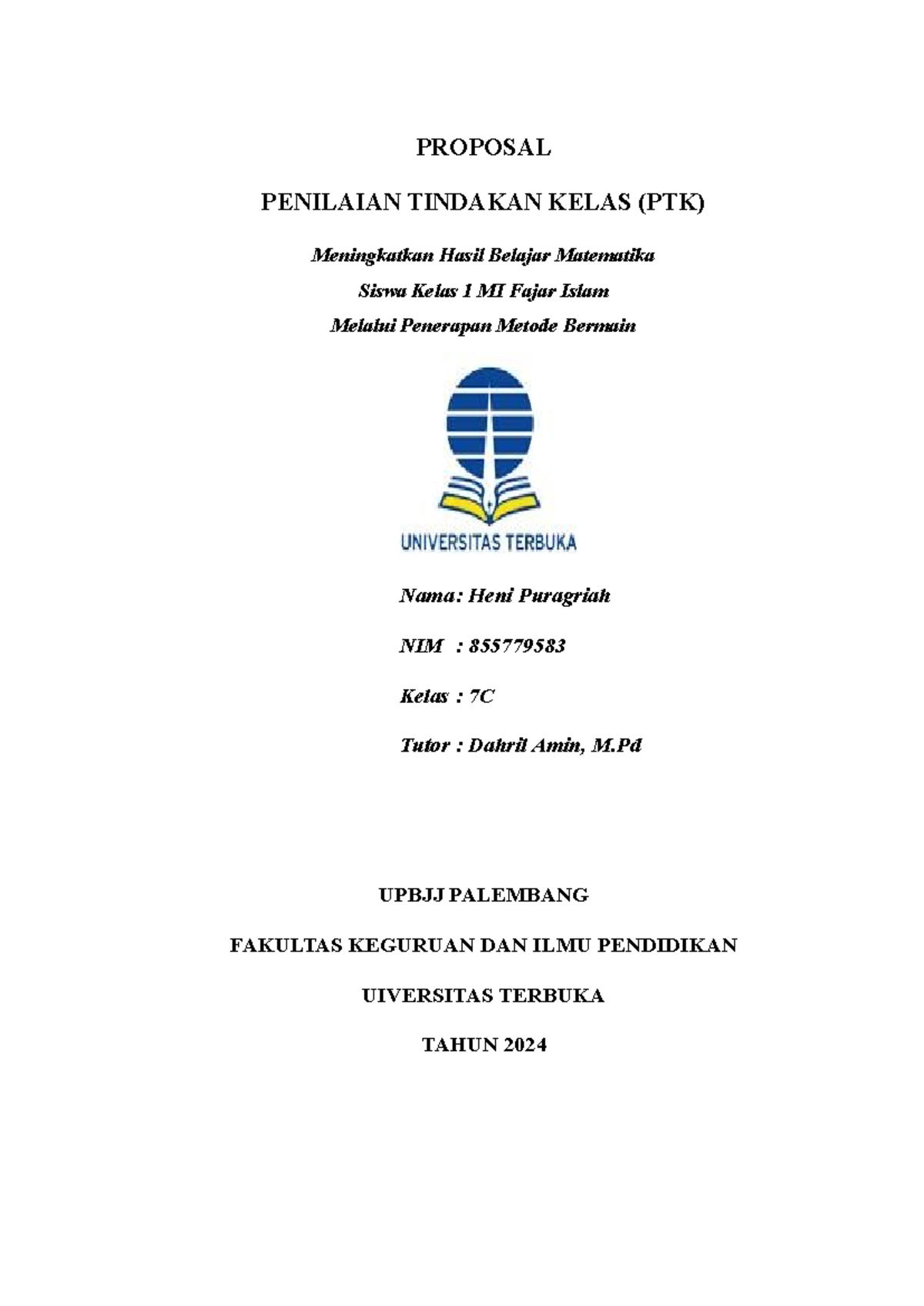 Proposal PTK: Meningkatkan Hasil Belajar Matematika Kelas 1 MI Fajar ...