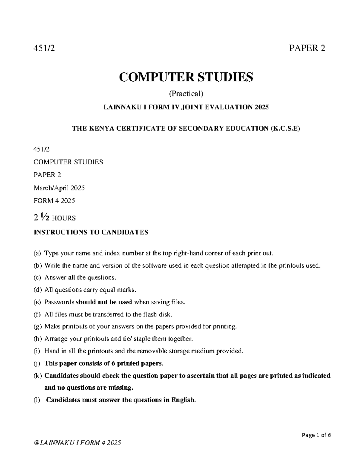 K.C.S.E COMPUTER STUDIES PAPER 2 PRACTICAL REVISION NOTES 2025 - Studocu