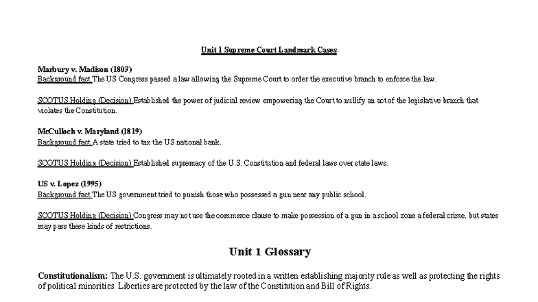 AP U.S. Gov Unit 1: Landmark Supreme Court Cases and Concepts - Studocu
