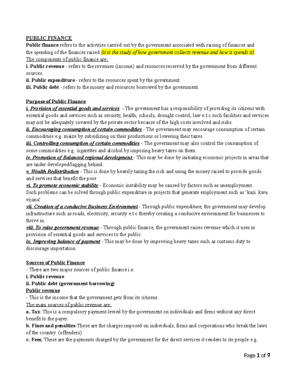 Public Finance Form 4 Notes: Key Concepts and Taxation Overview - Studocu