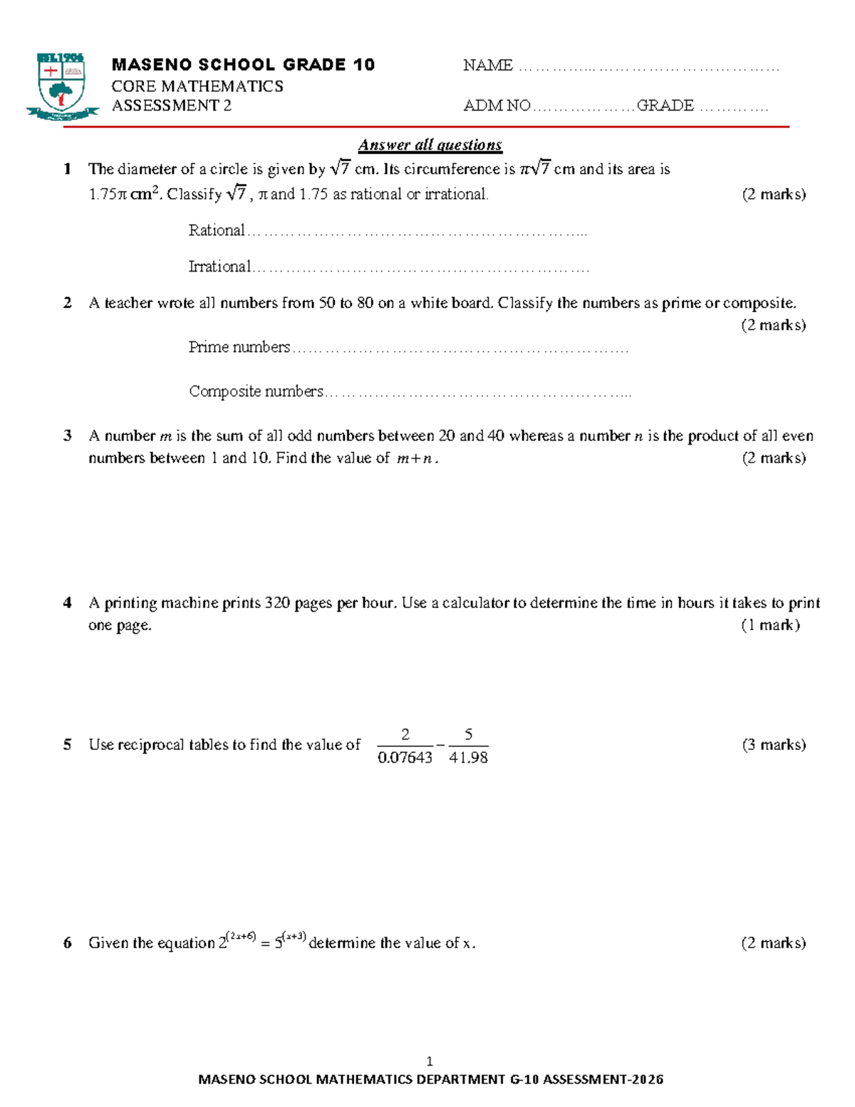 MASENO SCHOOL GRADE 10 CORE MATHEMATICS ASSESSMENT 1 - Studocu
