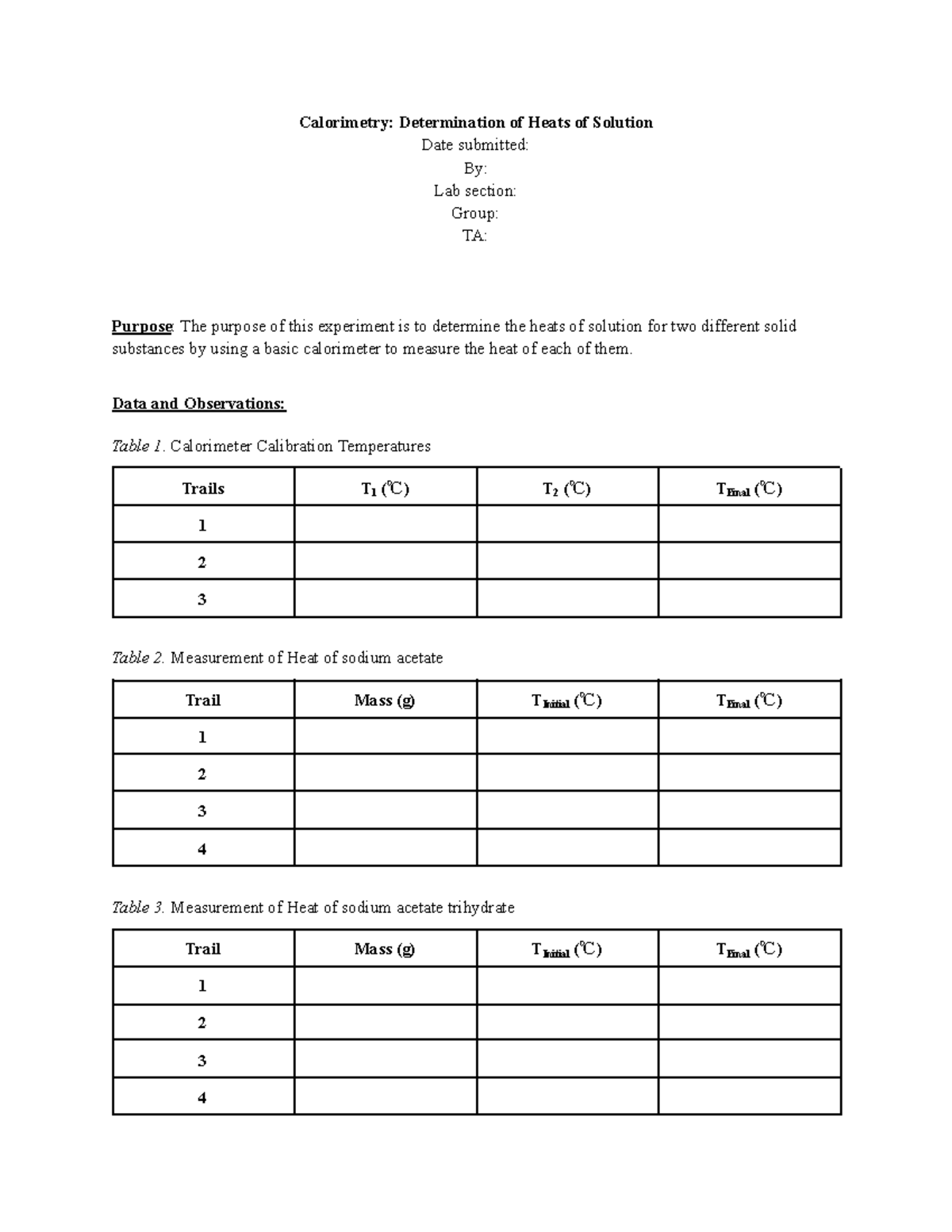 Cal Typed Pre-Lab - Calorimetry: Determination of Heats of Solution ...