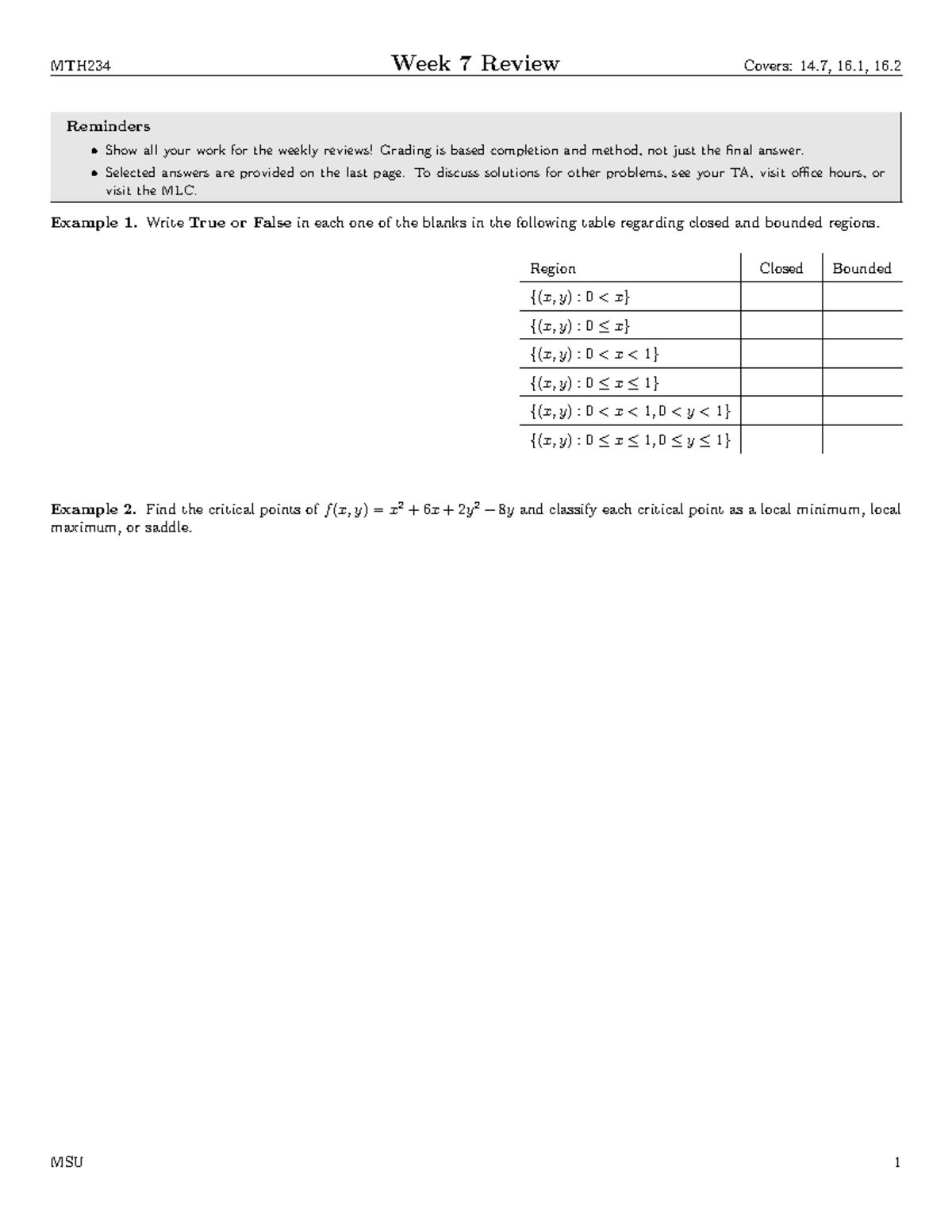 MTH234 Week 7 Review: Key Concepts and Examples - Studocu