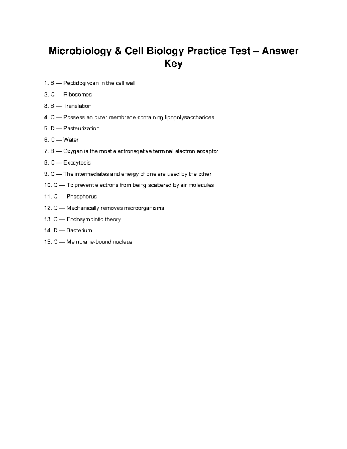 Microbiology Practice Test Answer Key - Microbiology & Cell Biology ...