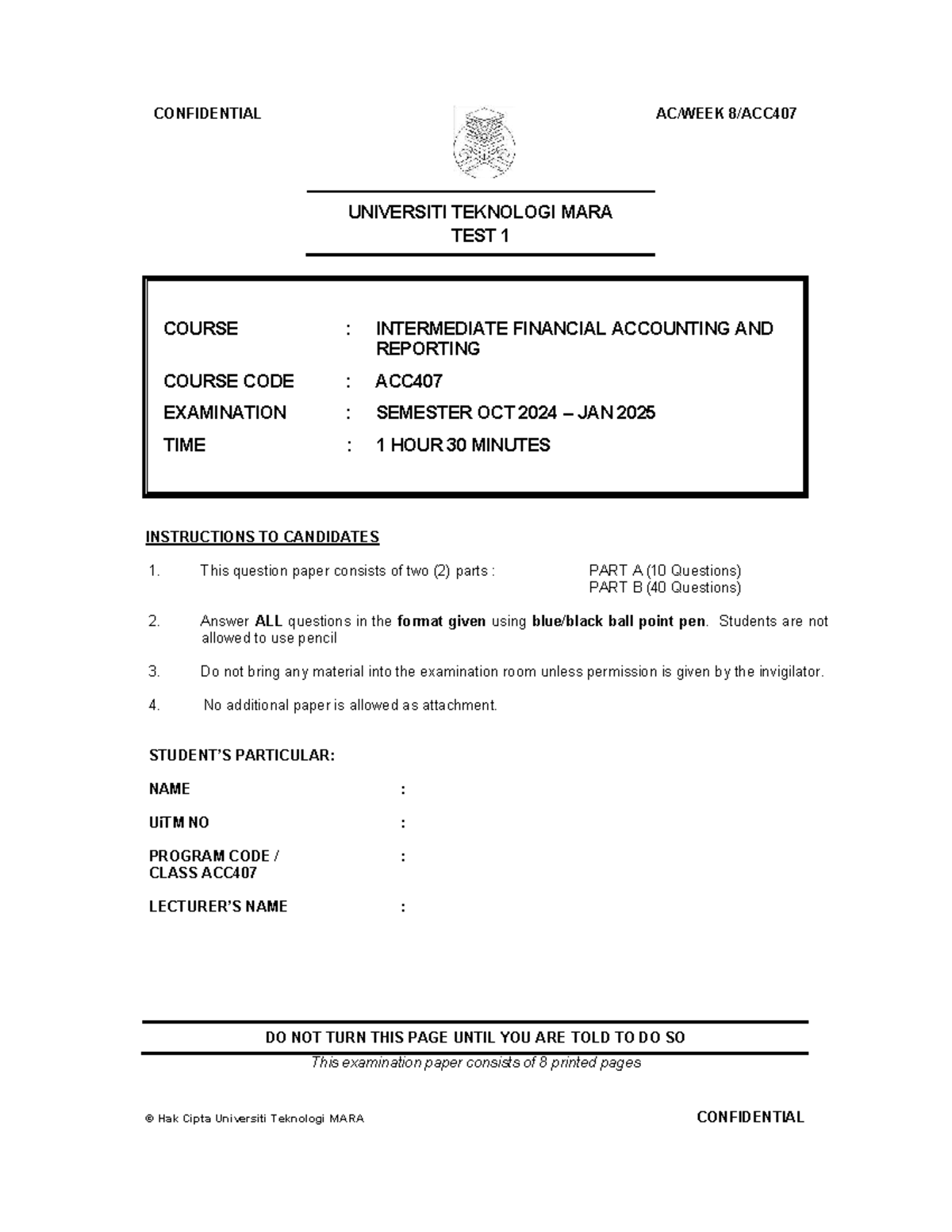 ACC407 Test 1: Intermediate Financial Accounting & Reporting - Studocu