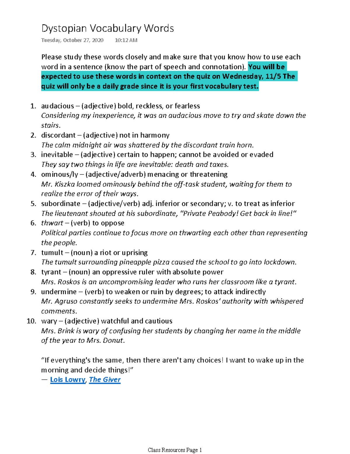 English 101 Dystopian Vocabulary Quiz Prep - 11/5 - Studocu