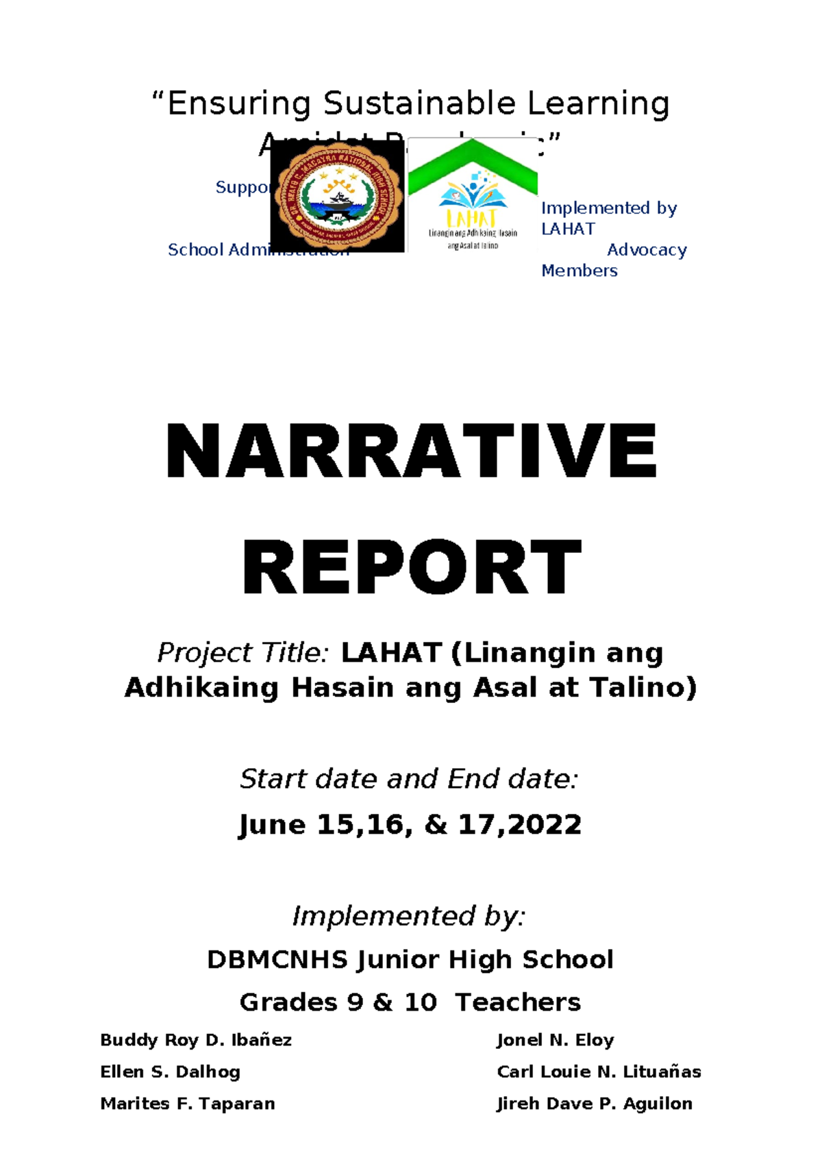 LAHAT Narrative Report: Ensuring Sustainable Learning Amidst Pandemic ...