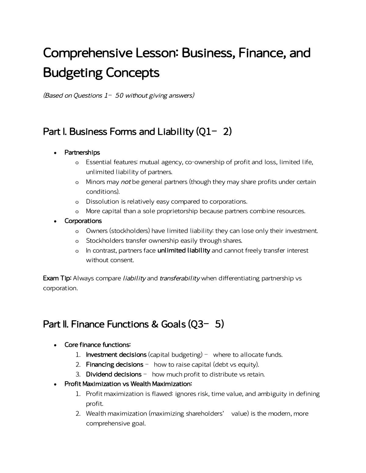 Comprehensive Lesson: Business Forms, Finance, and Ratios (P2) - Studocu